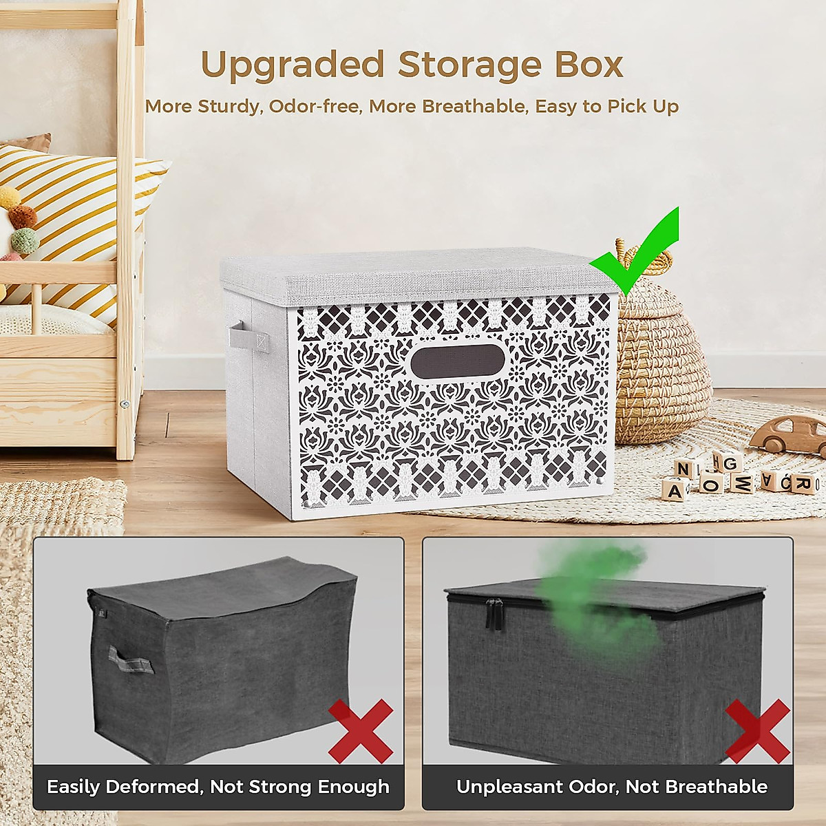 Iirios Storage Bins With Lids, 3 Pack Linen Foldable Storage Bins, Metal Clothes Storage Containers with Handles, Stackable Storage Baskets for Clothing, Blanket, Comforters, Pillows and Toys (White)