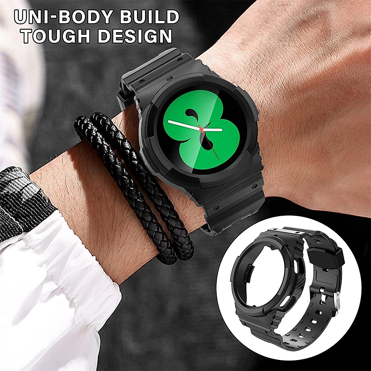 VeveXiao Rugged Case Band Compatible with Samsung Galaxy Watch 4 40mm 44mm , Replacement Strap bulid-in Bumper Cover Accessories for Men Women, Galaxy Watch 4 44mm, black