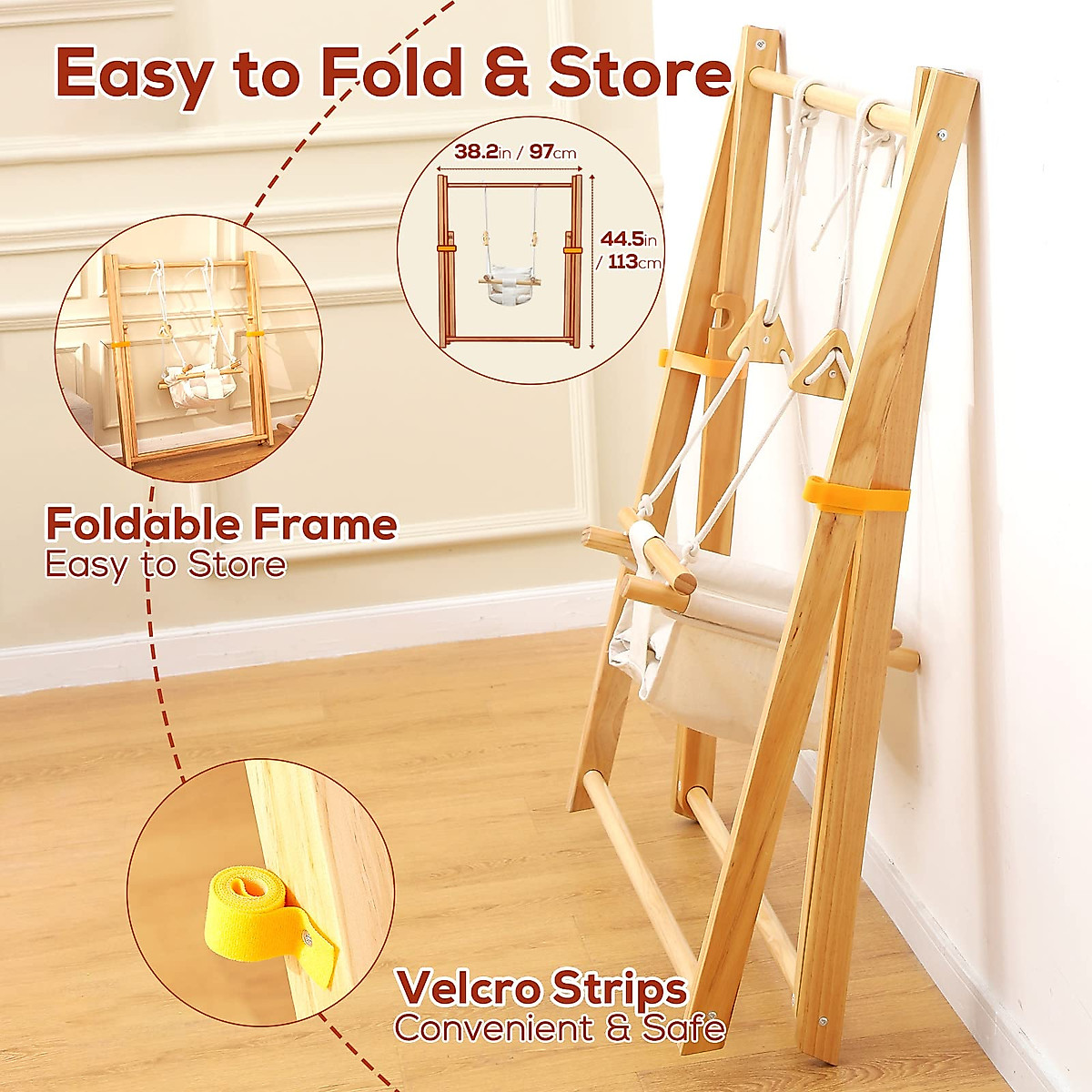 FUNLIO Wooden Toddler Swing Stand with 4 Sandbags, Foldable Baby Swing Stand with Durable Pine & Velcro for Toddlers 6-36 Months, Kids Swing Frame with Maximum Bearing 50lbs, Easy to Assemble & Store
