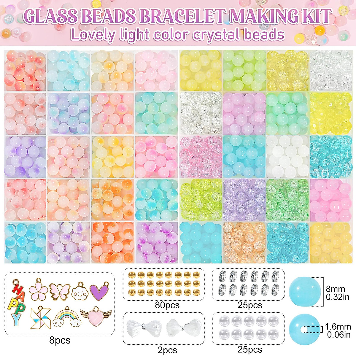 Acerich 2 Boxes Glass Beads for Jewelry Making, 44 Colors 8 mm Crystal Beads for Bracelets for DIY Crafts Birthday Gifts Round Friendship Bracelet Kit, SKU-038-1-A