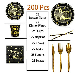 200 Pieces Gold Disposable Party Dinnerware Set &Golden Dot Disposable Birthday Party Dinnerware - Black Paper Plates Napkins Cups, Gold Plastic Forks Knives Spoons