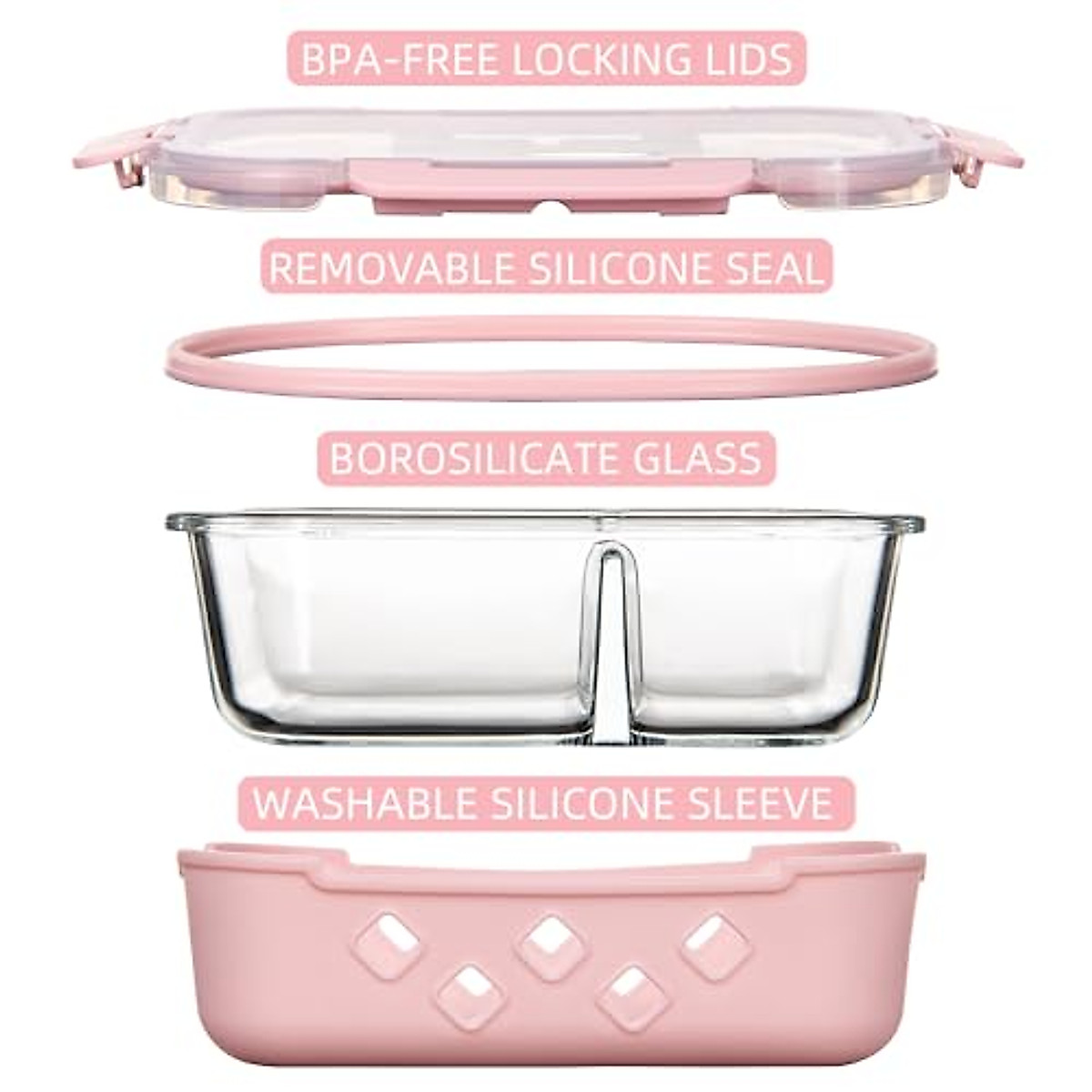 CYUFU 5 Packs 30oz Glass Meal Prep Containers, Glass Food Storage Containers with Lids, Airtight Glass Bento Boxes, Oven, Freezer and Dishwasher Safe (2 Compartments with silicone sleeves)