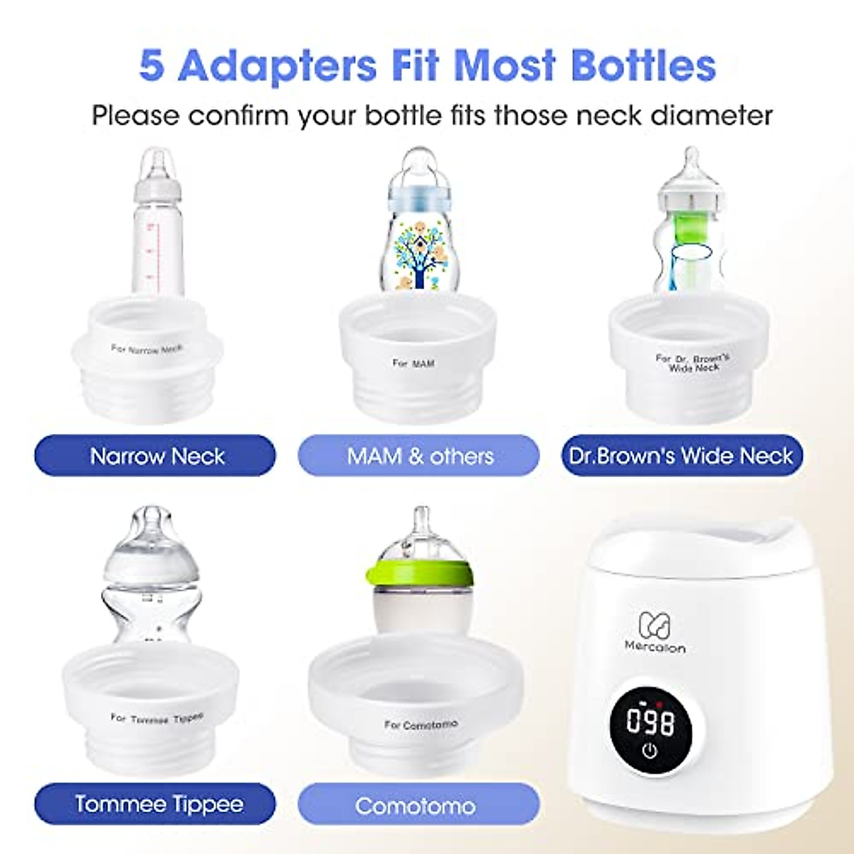 Bottle Warmer, Portable Bottle Warmer for Travel with 5 Adapters, Mercalon Upgraded Rechargeable Baby Milk Warmer, Fast Heat Warmer with Digital Display for Formula & Breastmilk (Bottle Warmer)