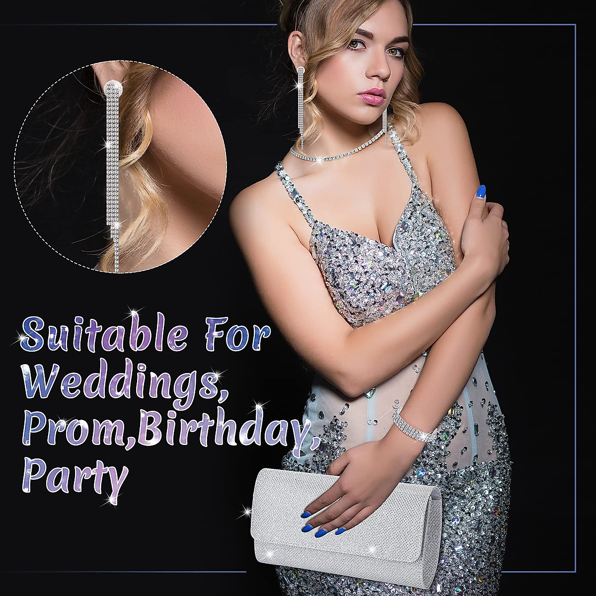 Meanplan 4 Pieces Silver Clutch Purses For Women Evening Rhinestone Purses Crystal Jewelry Set Bridal Wedding Choker Bracelet Dangle Bling Glitter Purse (Fresh Style)