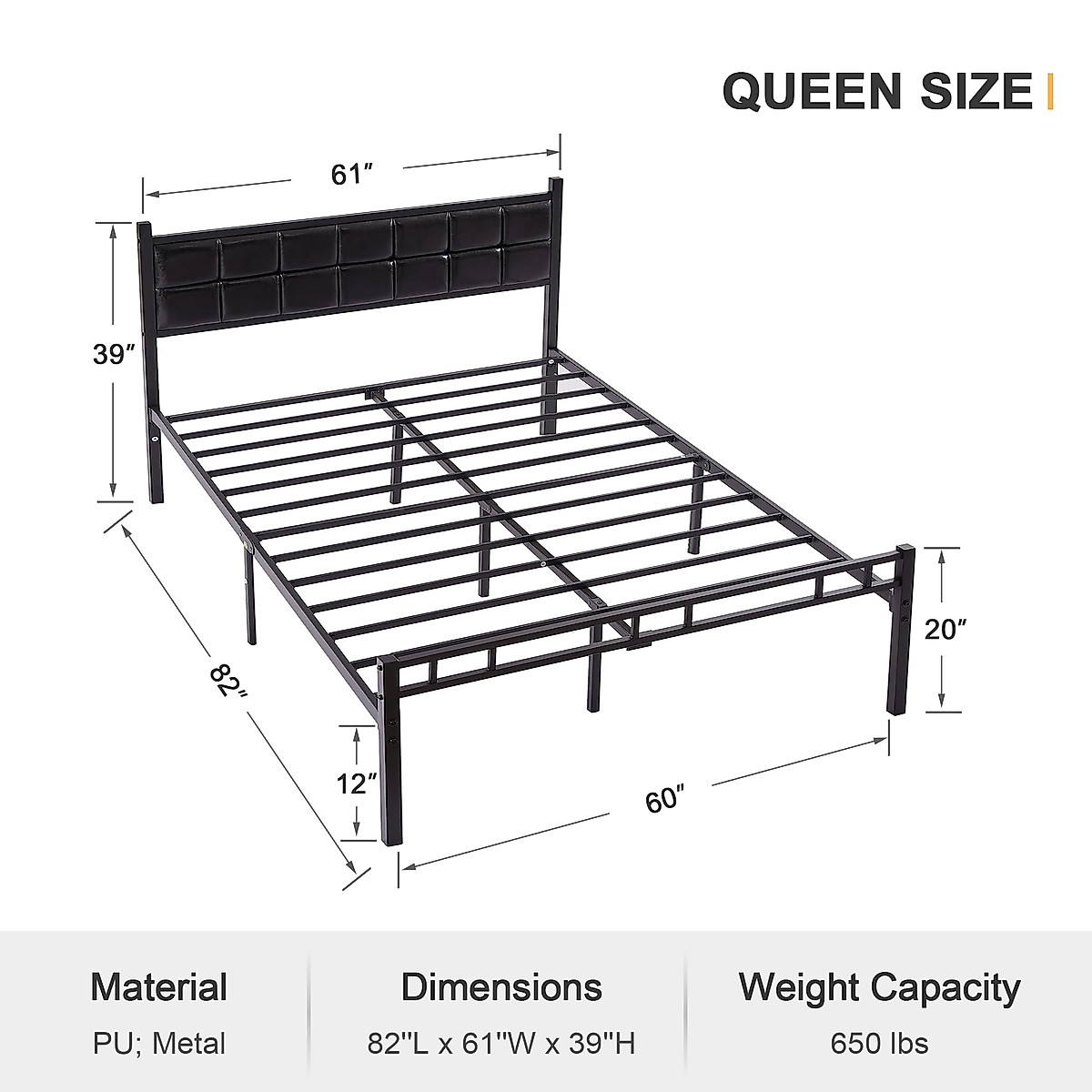 VECELO Queen Bed Frame with PU Upholstered Headboard, Heavy Duty Platform Bedframes, Metal Slats Support, No Box Spring Needed, Matter Black