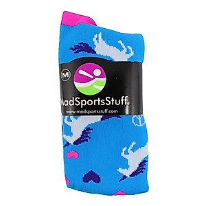 MadSportsStuff Peace Love Unicorn Over the Calf Socks (Electric Blue/Neon Pink, Small)
