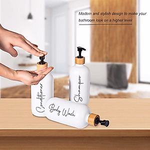 Glass Shampoo and Conditioner Pump Bottles Soap Dispenser Bamboo Pump Head Empty Glass Refillable Shampoo Conditioner Body Wash Soap Bottles for Bathroom, 17 oz, 3 Pack, White