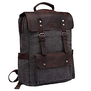 VASCHY Leather Laptop Backpack, Casual Canvas Campus School Rucksack with 15.6 inch Laptop Compartment