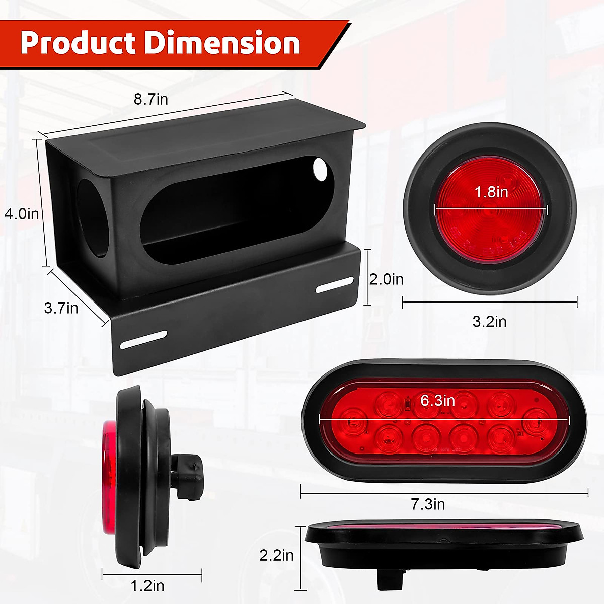 LIMICAR Trailer Lights Welded Mount Steel Boxes Housing Kit w/6 inch LED Oval Tail Lights & 2 inch LED Red Round Side Lights w/Grommets Wire Pigtails Connectors (Pack of 2)