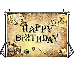 LYCGS 7X5ft Wizard Happy Birthday Backdrop Magic Castle School Backdrop Wizard Photography Background Boys Girls Kids Birthday Party Decor Banner X-110