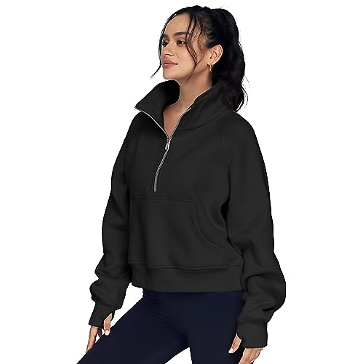 AUTOMET Womens Sweatshirts Half Zip Pullover Cropped Fleece Quarter Zipper Hoodies 2023 Fall Fashion Outfits Clothes Sweater Thumb Hole Black