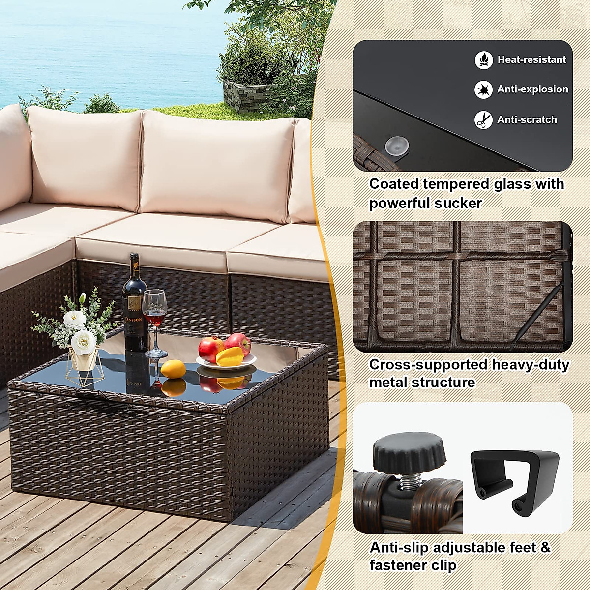 Vicluke 7 Pieces Patio Furniture Set, PE Rattan Sectional Sofa, High Back Outdoor Furniture Set, Wicker Patio Conversation Set with Cushion and Wood Table for Deck, Garden and Backyard (Blue)