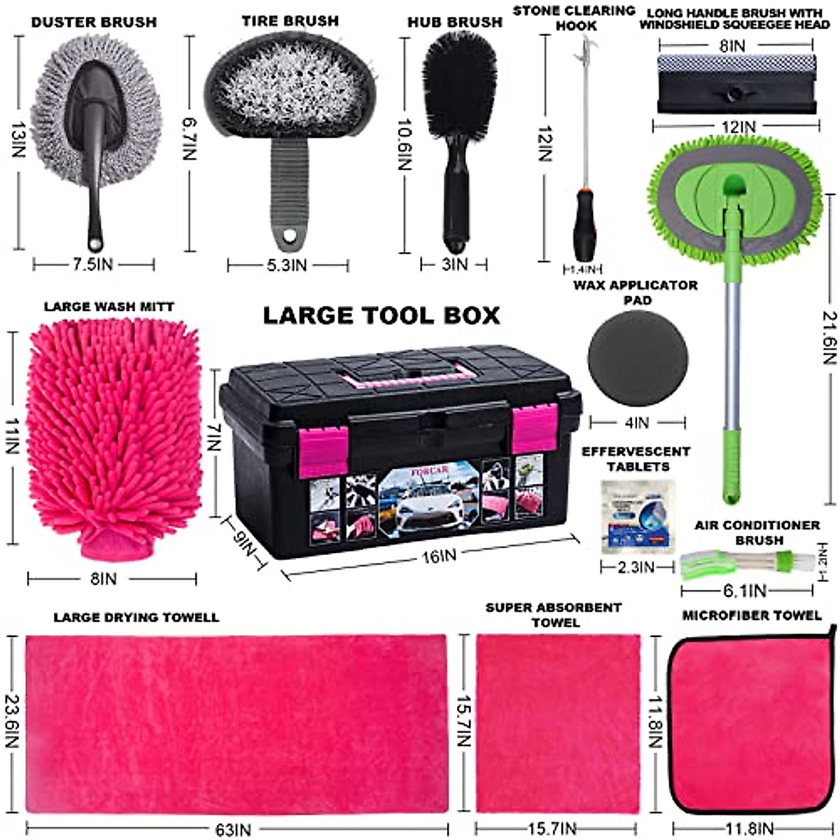 FORCAR 29Pcs Car Wash Cleaning Kit with Extendable Long Handle Brush Mop & Long Pole Window Water Scraper, 63" Large Towels, 16" Large Storage Box, Wash Mitt for Interior and Exterior Detailing, Pink