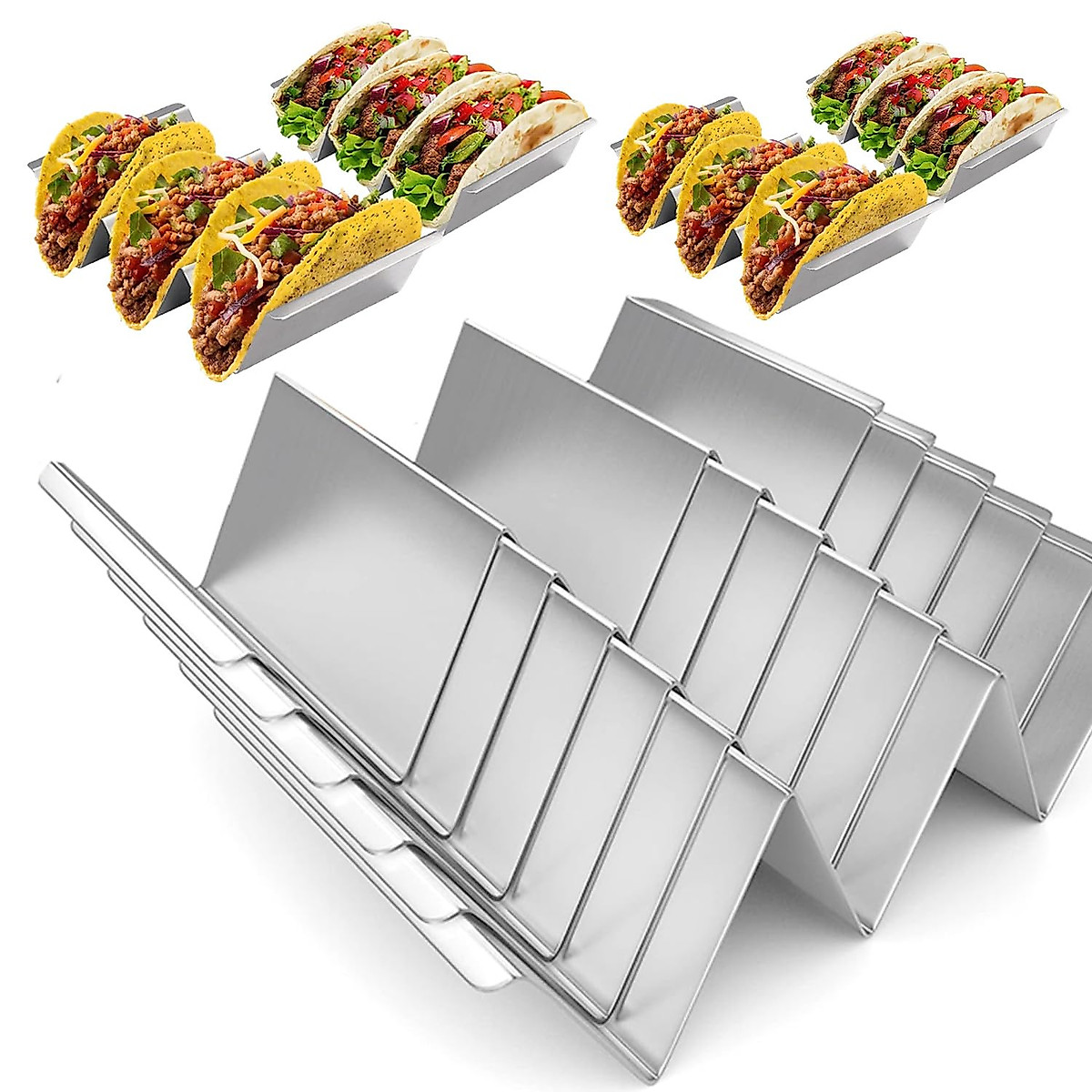RHBLME 6 Pack Taco Holders, Stainless Steel Taco Tray with Handle, Stylish Taco Shell Holders for 3 Tacos, Use as a Taco Rack to fill Tacos with Ease - Safe for Dishwasher, Oven and Grill