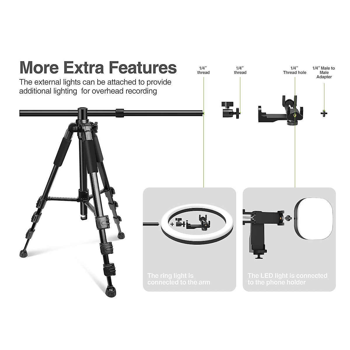 Elitehood Newest Ultra-Stable Overhead Tripod for iPhone – Heavy Duty Aluminum Tripod & 25in Horizontal Long Phone Arm, Tall Phone Stand Mount for Recording, 360°Adjustable iPhone Tripod Stand