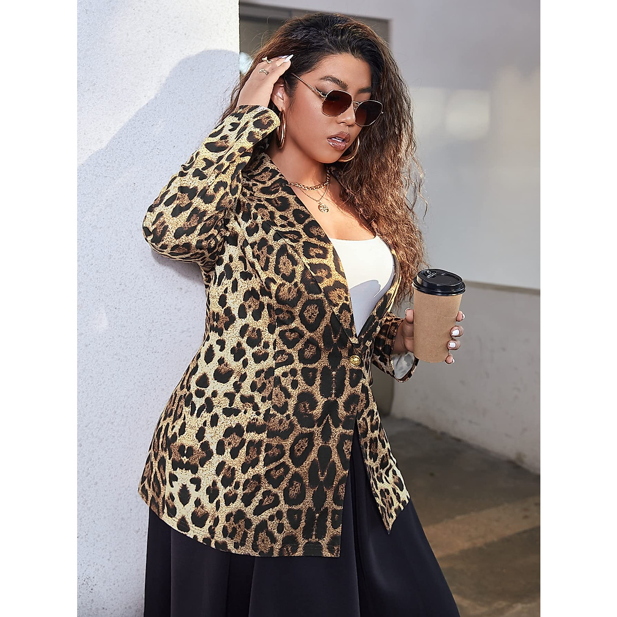 WDIRARA Women's Plus Size Leopard Print Lapel Collar One Button Party Club Blazer Multicolor 1XL