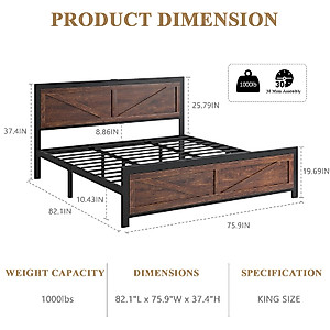 DOGIBIXO Led Bed Frame King Size with Charging Station, Industrial Platform Bed Frame with Rustic Barn Door Wood Headboard, Strong Metal Slats Support, Noise Free, No Box Spring Needed, Brown