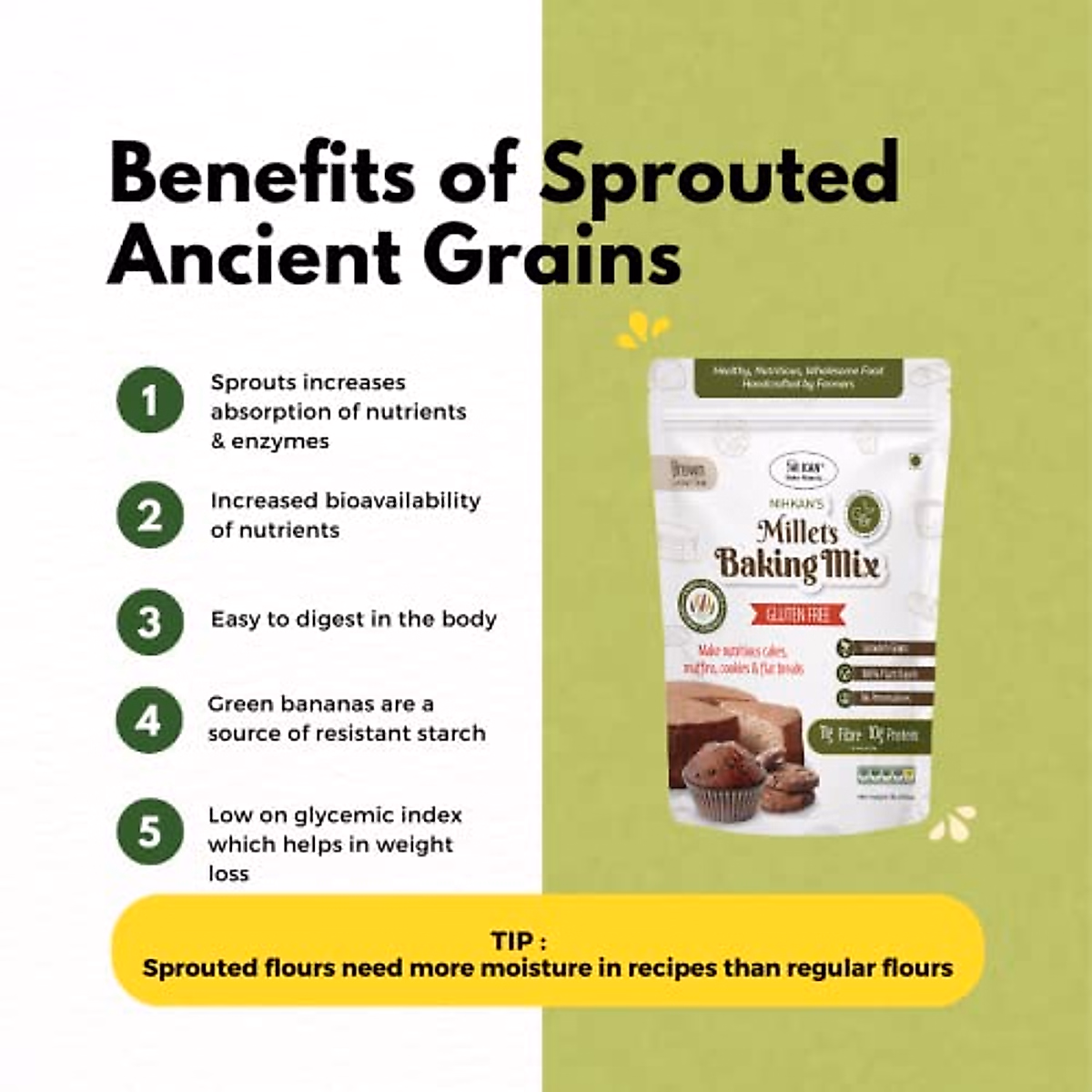 NIHKAN Gluten free Sprouted Millets Baking Mix Flour- 454g (16 Ounces) | Self Raising Flour for Multipurpose Baking needs of cakes, muffins, cookies and pizza | High protein & High Fibre