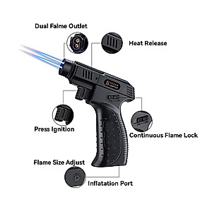 Jnfire Dual Flame Torch Lighter, Kitchen Torch Butane Refillable, Gun Hand Cooking Torch Lighter for Dab, Creme Brulee, BBQ and Desserts Baking, Soldering Blow Torch Lighters Excluded Butane