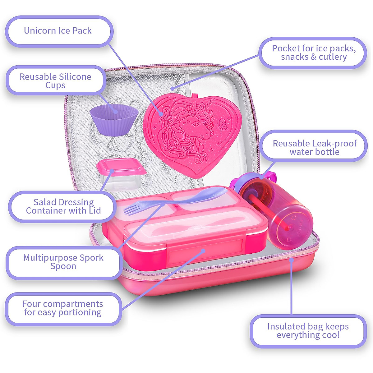 COO&KOO Unicorn Lunch Bag Lunch Box Set, Insulated Lunch Bag with 3 Compartment Bento Box Ice Pack Water Bottle Silicon Cap Spoon Salad Container for Lunch Kid's School Supplies Ideal for Age 7-15