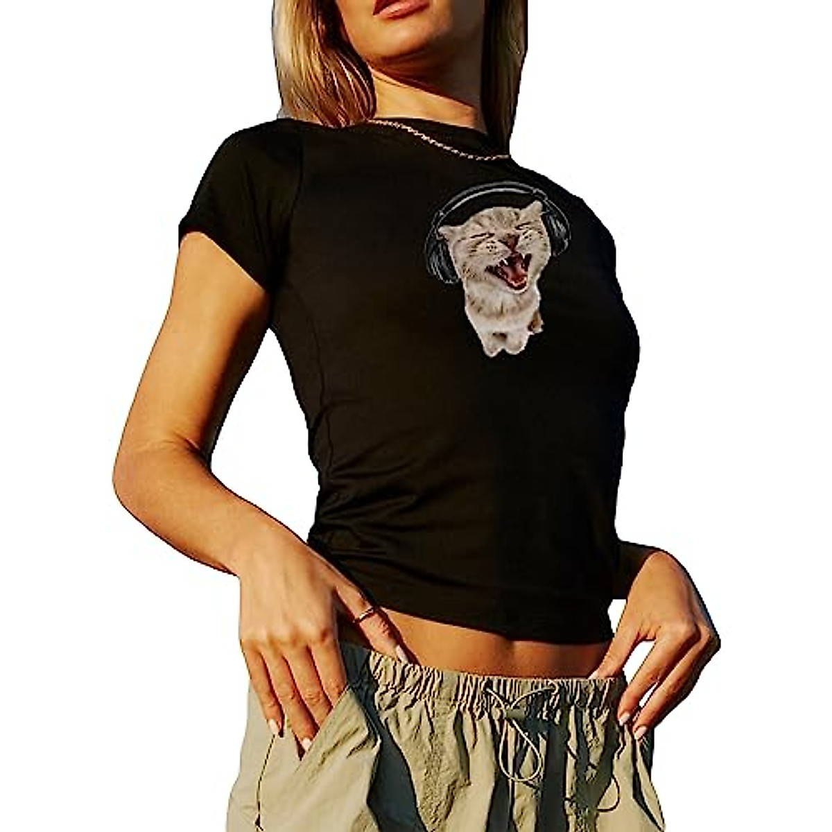 Suagox Women's Y2k Crop Tops Cute Kawaii Short Long Sleeve Grunge T-Shirts Teen Girls Graphic Letter Print Baby Tees (Cat/Black, S)