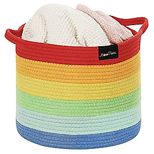Zooawa Rainbow Storage Cotton Rope Baskets for Baby Room|Rainbow Baskets for Classroom | Baby Laundry Basket for Nursery Storage|Toy Baskets Organizer for Baby Rainbow Nursery Decor,14" x 12"