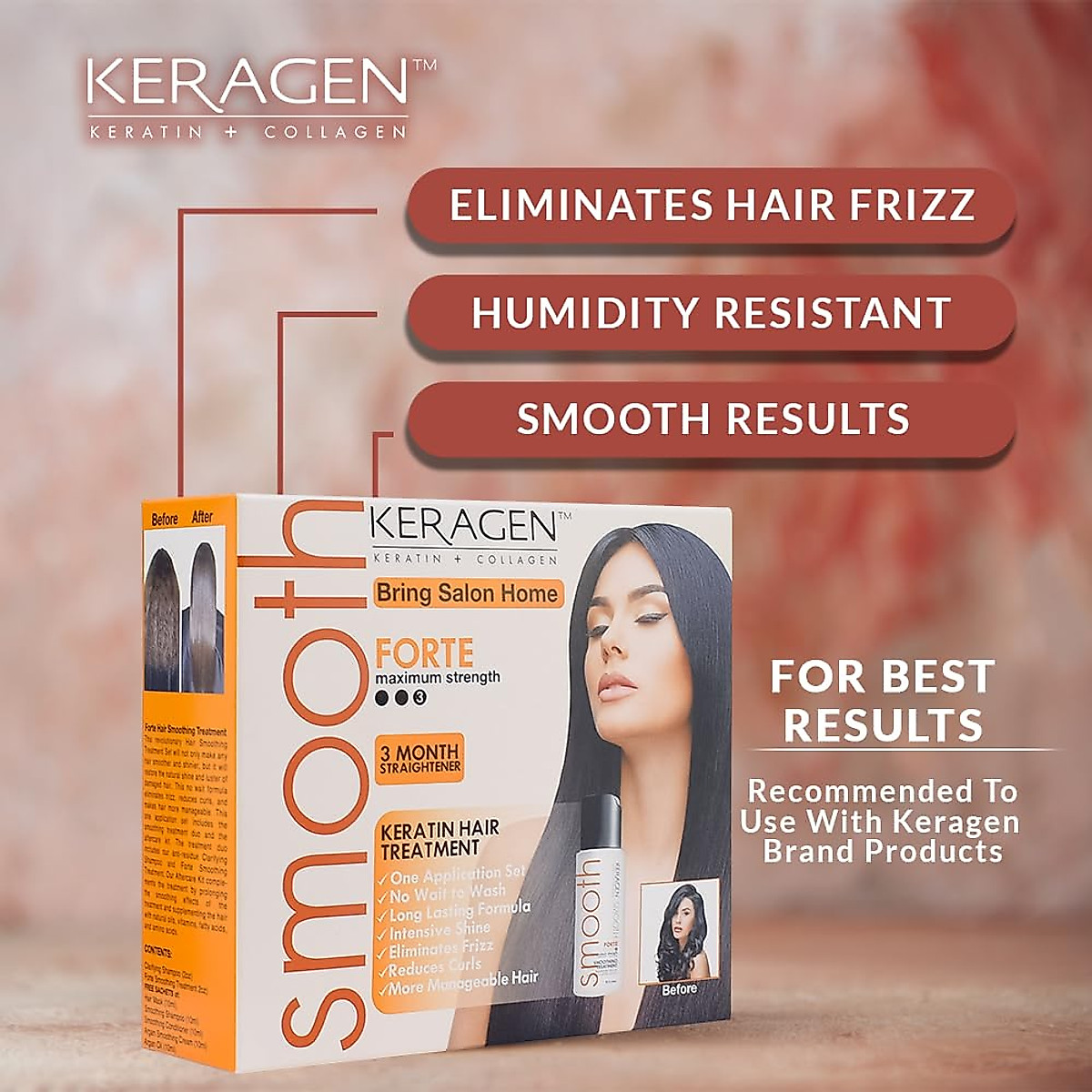 Keragen - Brazilian Keratin Hair Smoothing Treatment Express Home Kit - Blowout Straightening System, with 2 Oz Forte Treatment, 2 Oz Clarifying Shampoo and Aftercare Samples