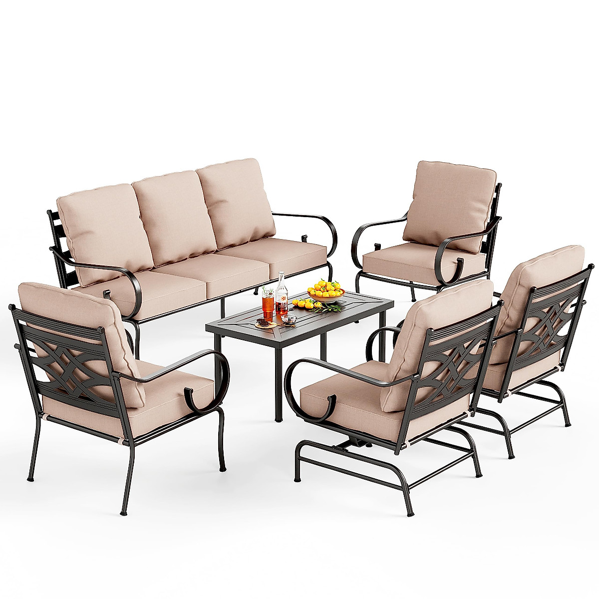 PHI VILLA Metal Patio Outdoor Furniture Sets,All-Weather Steel Frame Patio Conversation Sets for Backyard, Porch and Garden（Beige, 6 pcs w/Table）