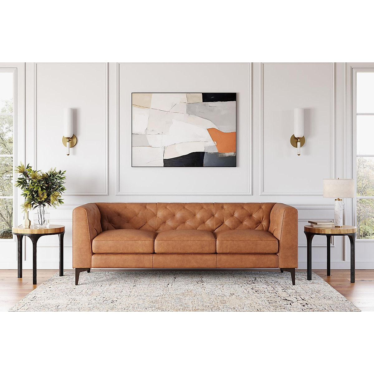 Valencia Avery Leather Couch 89" | Top Grain Nappa 11000 Leather 3 Seater with Tufted Back, Solid Wood Frame, Plush Cushioning, Saddle Tan