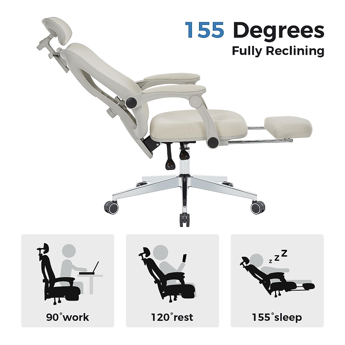 GGN Ergonomic Office Chair with Foot Rest, White Reclining Desk Chair with Leg Rest, Mesh Computer Desk Chair with Adjustable Headrest & Lumbar Support, White