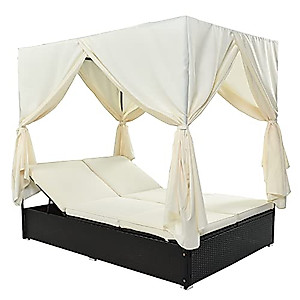 LUMISOL Outdoor Canopy Bed Patio Daybed Sunbed with Retractable Canopy, Rattan Sun Lounger Patio Loveseat Sofa Set with Curtains Garden Furniture (Beige)