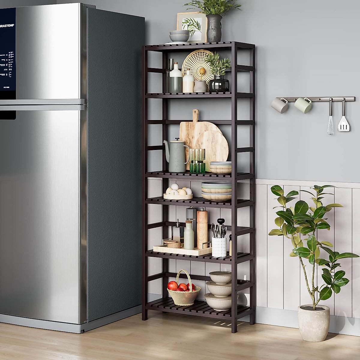 Bamjoy Bamboo Shelf, 6 Tier Bookcase Storage Shelves, Tall Book Rack Shelving Unit, Multipurpose Storage Display Shelf Adjustable Storage Rack for Bathroom Home Office Living Room Kitchen, Dark Brown