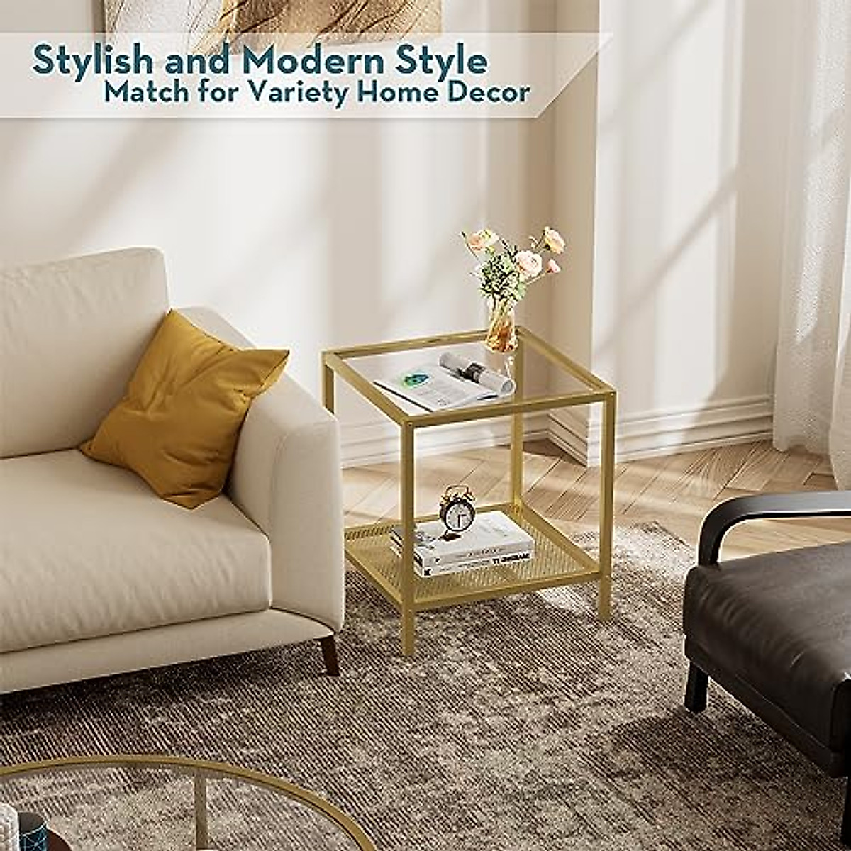 SAYGOER Glass Side Table Small Gold End Table for Small Spaces 2-Tier Square Night Stand with Storage Modern Bed Side Table with Gold Frame for Bedroom Living Room, Easy Assembly