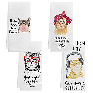 GICHUGI Cat Hand Towel Set - Cat Gifts for Cat, Set of 4 Cat Kitchen Towels 16×24, Cat Tea Towels for Kitchen Decorative, Cute Cat Dish Towels