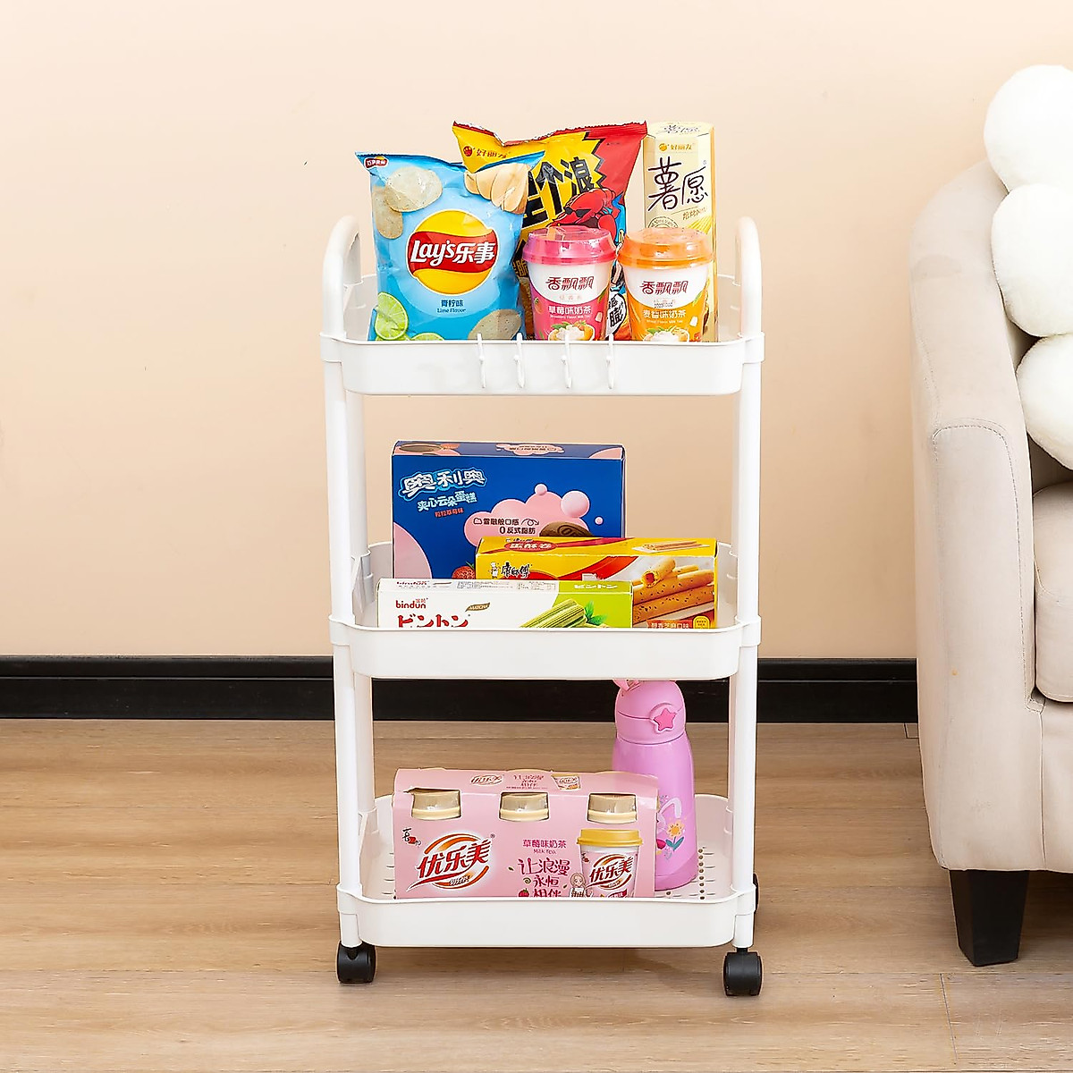 Gagee 3 Tier Rolling Cart with Wheels and Handle,Rolling Storage Cart for Office, Living Room, Laundry Room,Kitchen,Bathroom,White