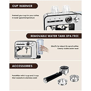 Teglu Espresso Machine 20 Bar with Milk Frother, Semi-Automatic Latte & Cappuccino Coffee Maker Duo-cup 33oz/1L Removable Water Tank for Home/Office, 1450W, Stainless Steel