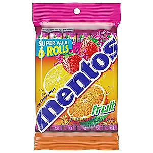 Mentos Candy, Mint Chewy Candy Roll, Fruit, Non Melting, 1.32 Oz (Pack of 6)