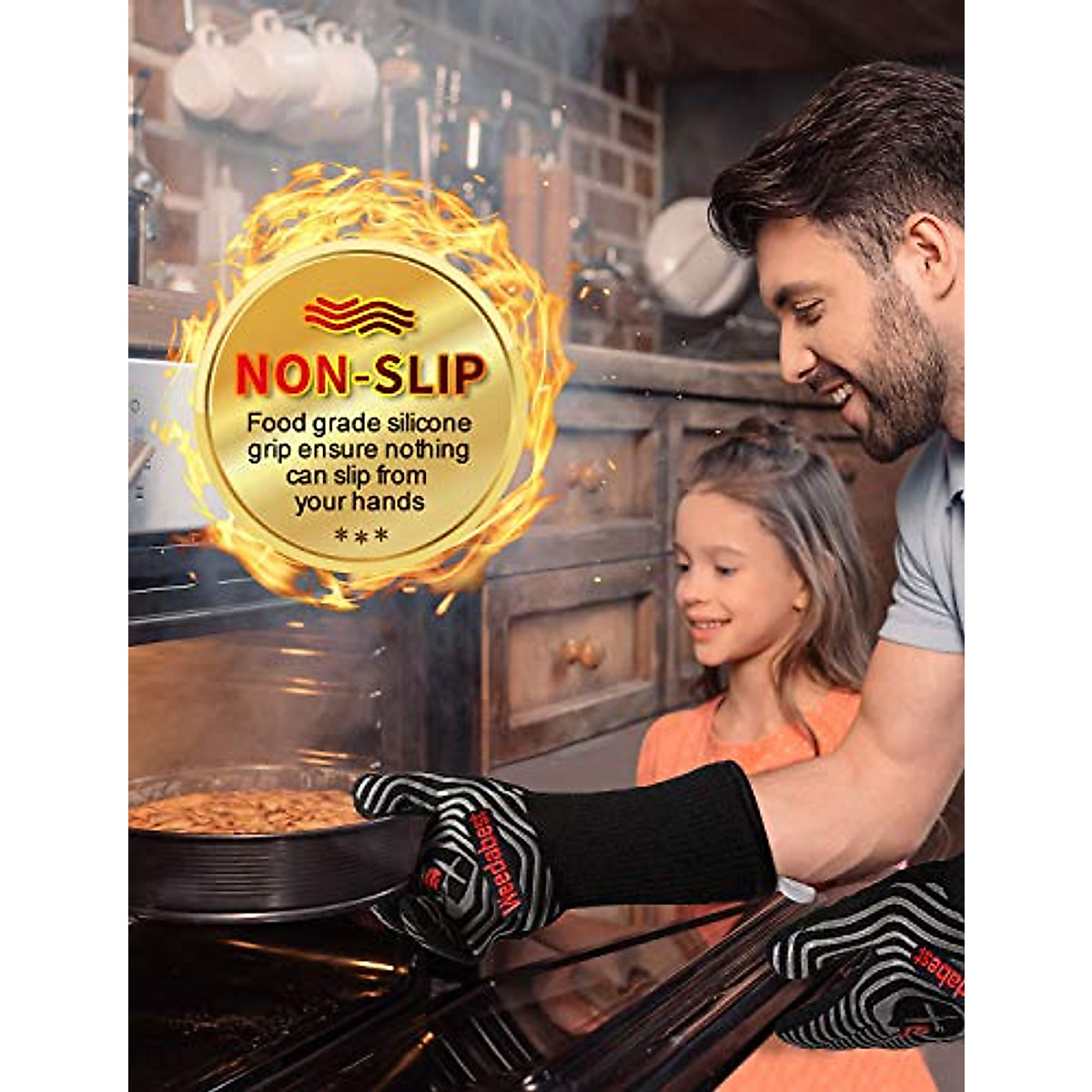 WEEDABEST Hot BBQ Gloves Heat Resistant Kitchen Oven Mitts Professional Long Heat Resistant Cooking Gloves for Grill,Grilling,Smoker,Barbeque,13.5 inch-Gray