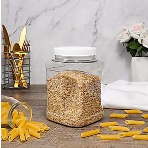 Plastic Jars (32 Fl Ounce - 6 Pack) Square Grip Handle | Clear PET Empty Jar Container Sets with Ribbed White Airtight Lid | Food Storage, Supplies, Snacks, Detergent, Kitchen & Household Storage