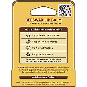 Burt's Bees 100% Natural Origin Moisturizing Lip Balm, Original Beeswax with Vitamin E & Peppermint Oil 0.15 Ounce Tube