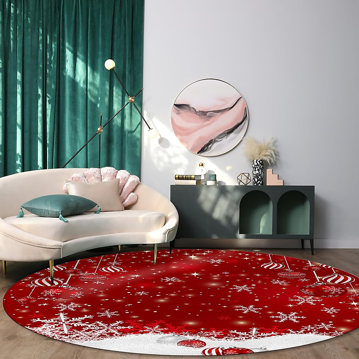 Christmas Balls Round Area Rug 5ft,Washable Outdoor Indoor Carpet Runner Rug for Bedroom,Kitchen,Bathroom,Living/Dining/Laundry Room,Office,Area+Rug Large Bath Door Mat Red Xmas Winter Snowflake
