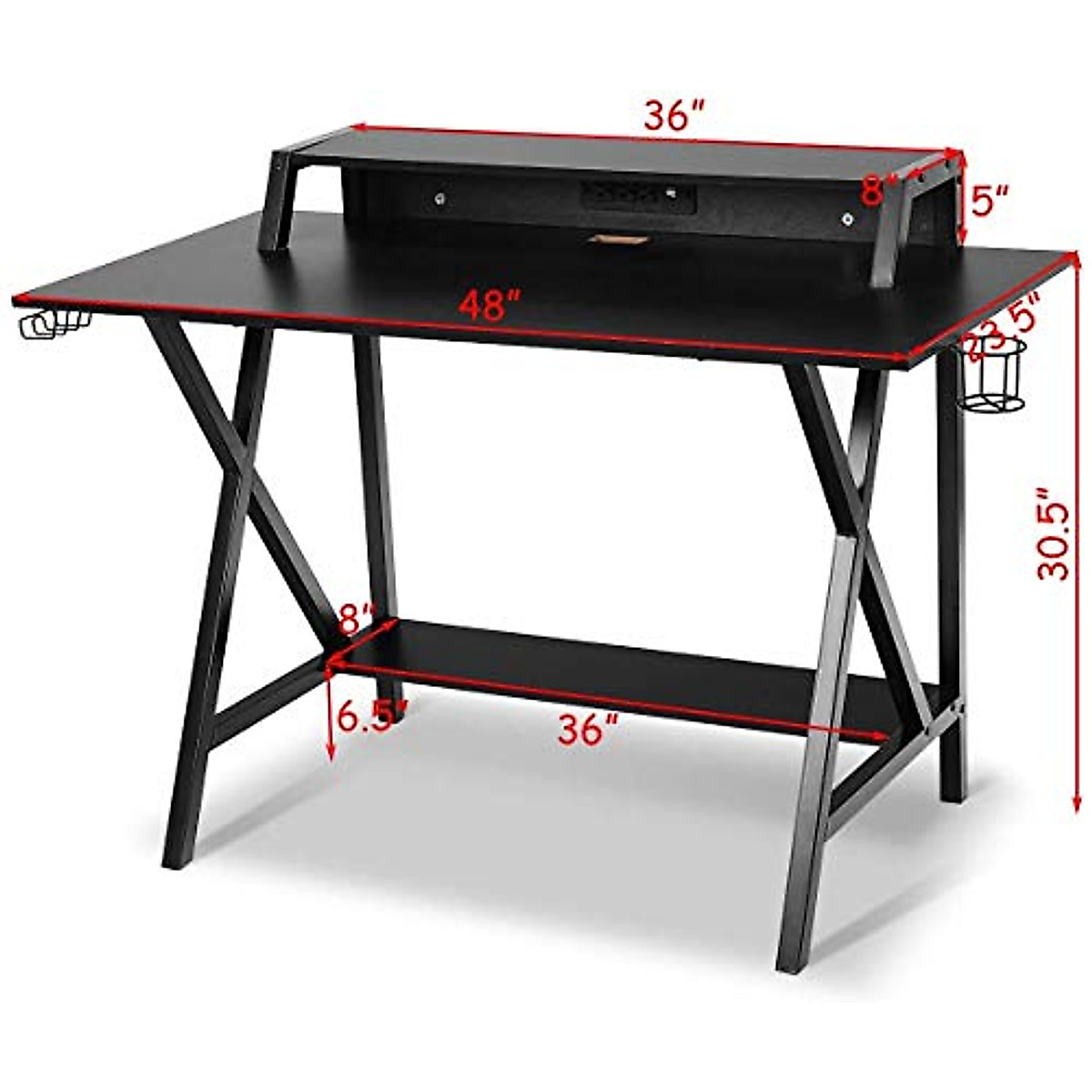 HAPPYGRILL Gaming Desk Home Computer Desk with Cup Holder & Headphone Hook, Professional Gaming Table Gamer Workstation with Built-in Wire-Management