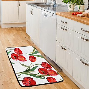 KOBLEN Red Tulip Leaves Kitchen Rugs Non Slip Washable Absorbent Kitchen Mats 20x39 inch Cushioned Anti Fatigue Kitchen Floor Mats for in Front of Sink