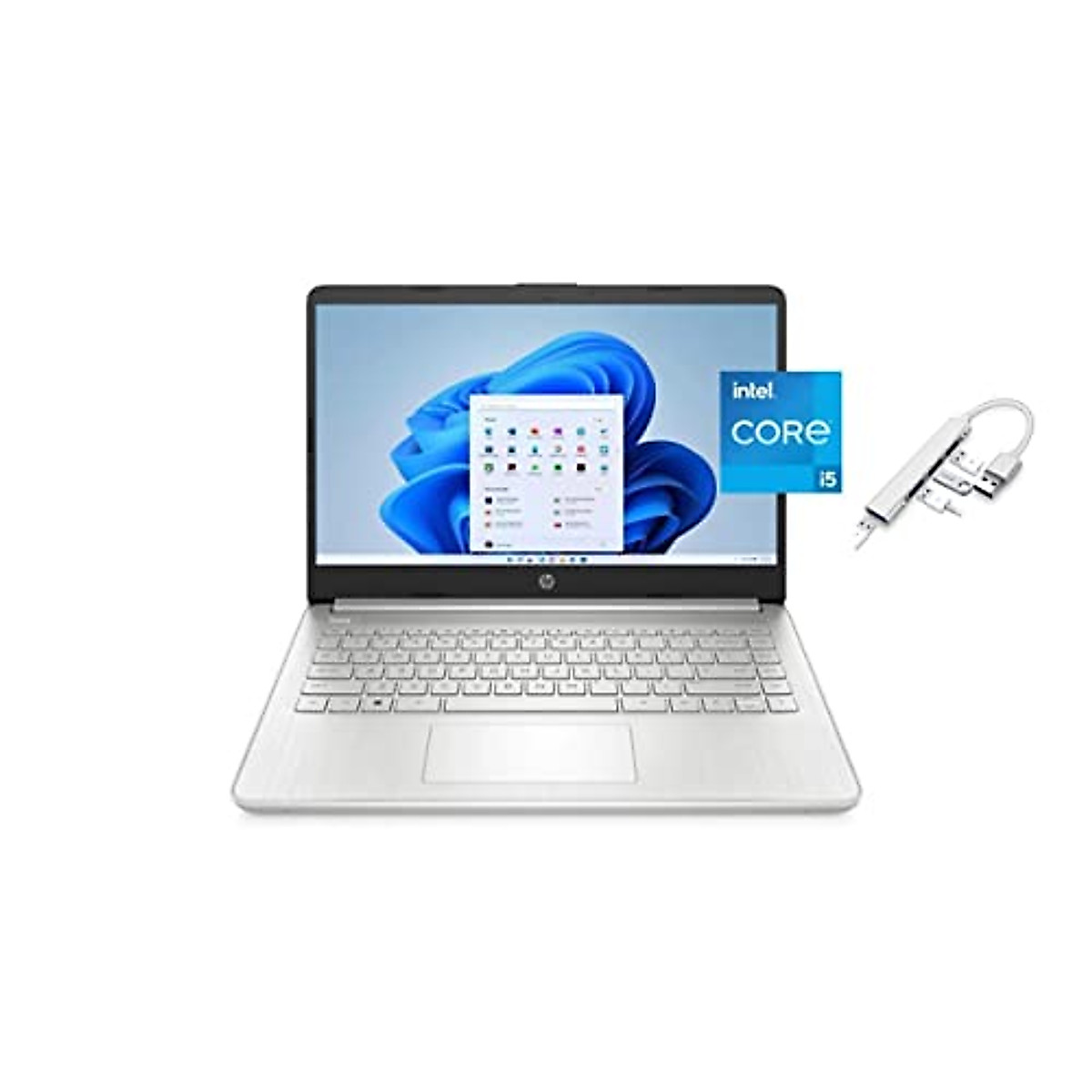 HP 14" Diagonal HD Premium Laptop | Intel Core i5-1135G7 | 8GB RAM | 256GB SSD | Intel Iris Xe Graphics | Windows 11 Home | Silver | with USB3.0 HUB Bundle