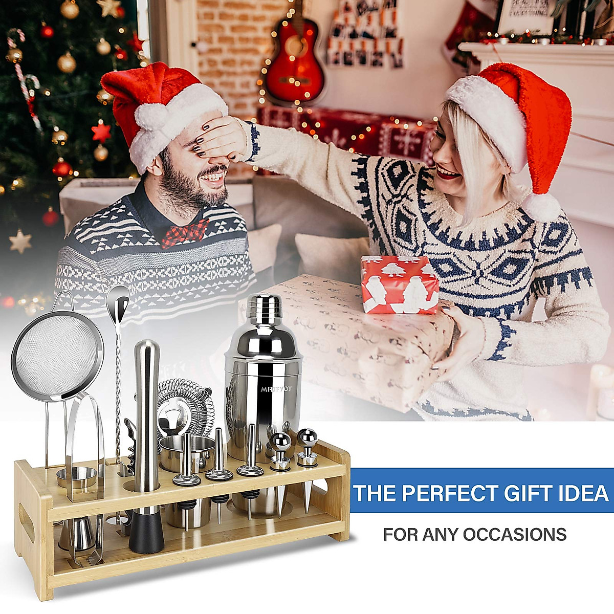 24-Piece Cocktail Shaker Set - MHIFYOY Bartender Kit - Stainless Steel Martini Mixer Bar Tools with Bamboo Stand, Ideal Gift Pack & Fine Mesh Strainer(Silver)