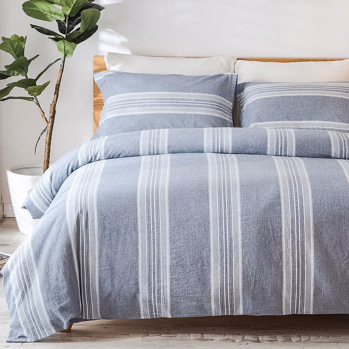 David's Home 100% Washed Cotton Duvet Cover Set Queen Size, Chambray Stripe Duvet Cover with Pillow Shams, 3pcs Ultra Soft and Breathable Comforter Cover Set, 90x 90 Inches, Blue Beige