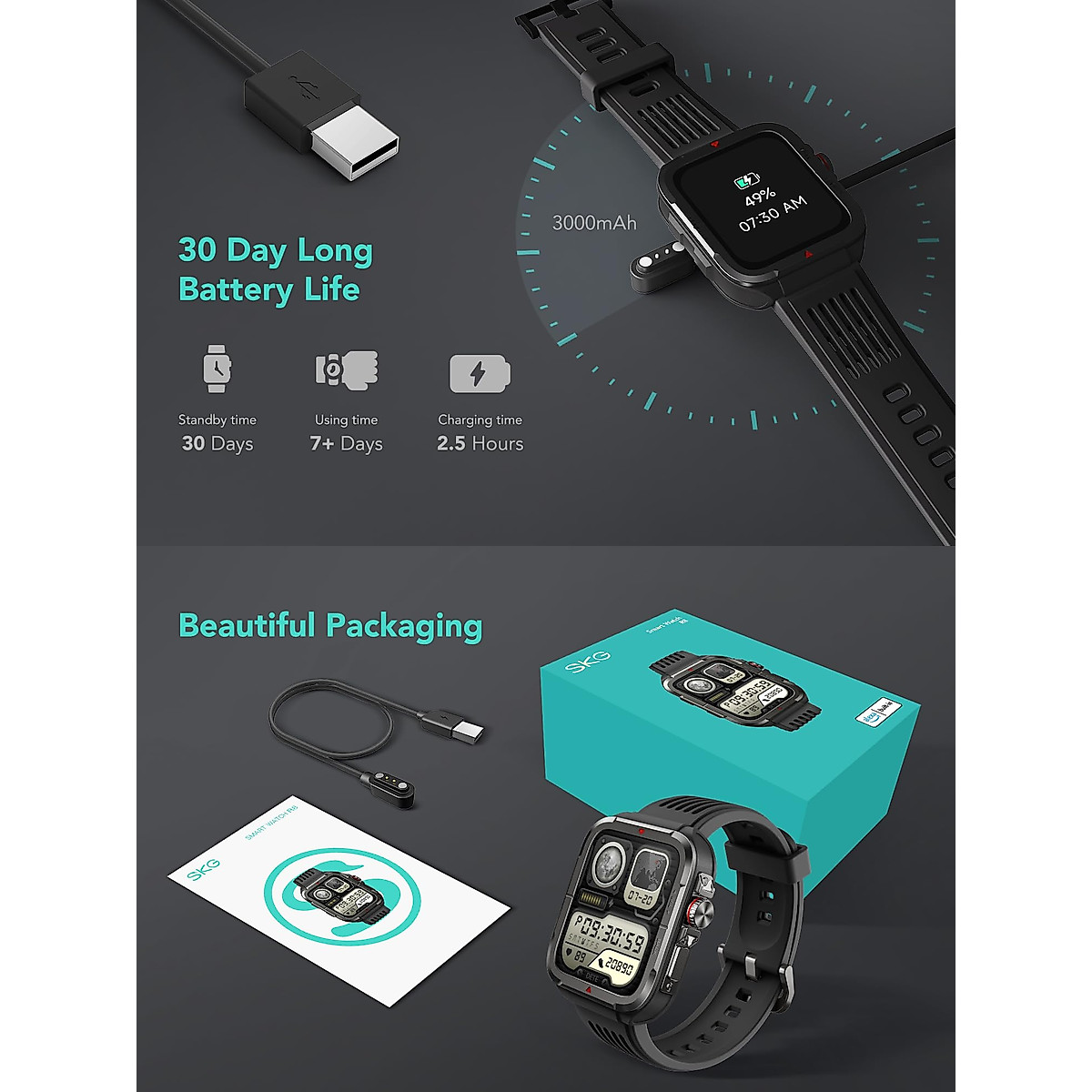 SKG R8 Military Smart Watches for Men (Answer/Make Call) Alexa Built-in, 1.8'' Rugged Bluetooth Tactical Smartwatch for Android iPhone, IP68 Waterproof Fitness Tracker Heart Rate Monitor, 2023 New