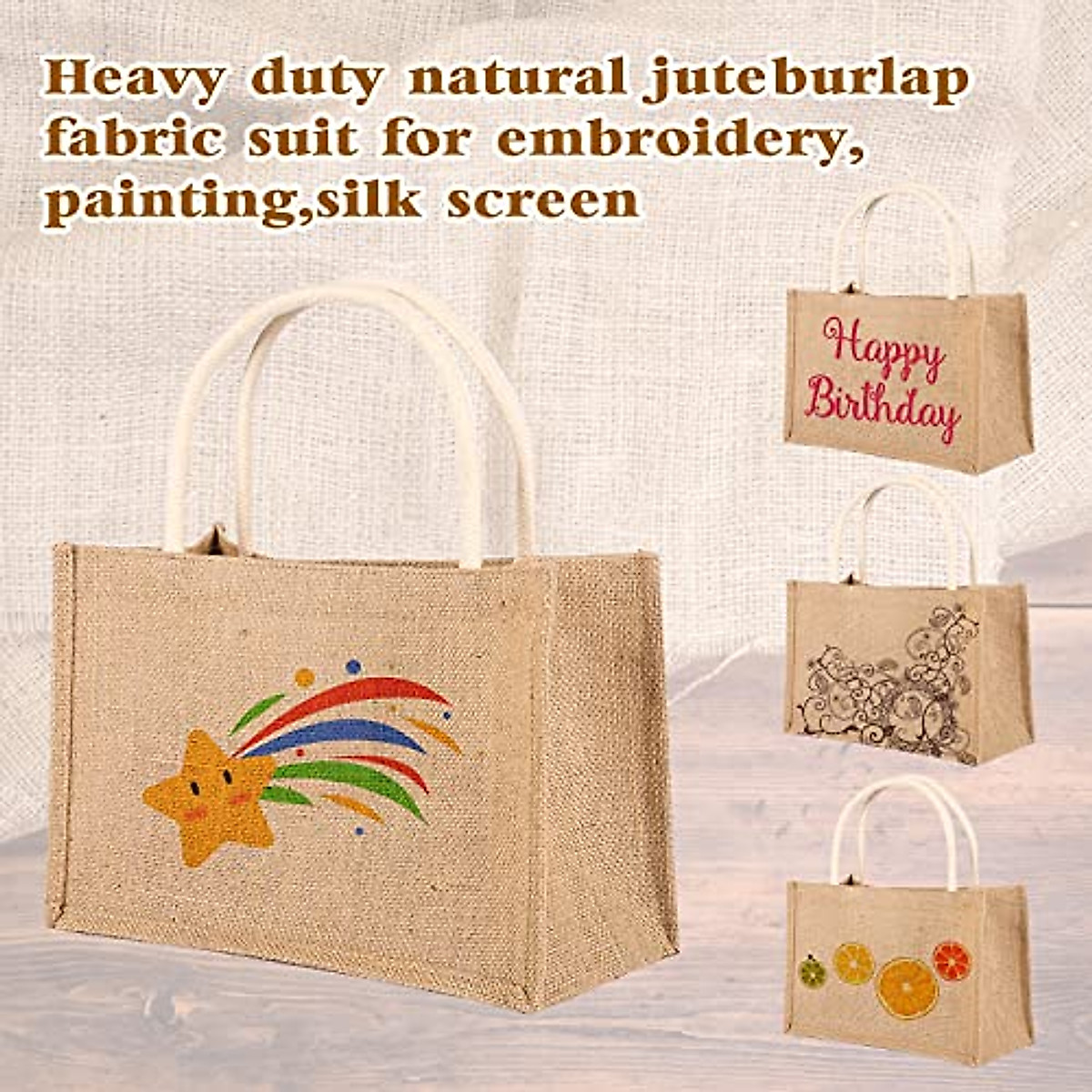 4 Pack Medium Burlap Tote Bags with Handle, 12.6"x8.7"x5.3" Reusable Jute Beach Bags Blank Grocery Tote Bulk, Canvas Gift Bag for Bridesmaid Wedding, DIY, Women Market Grocery Shopping