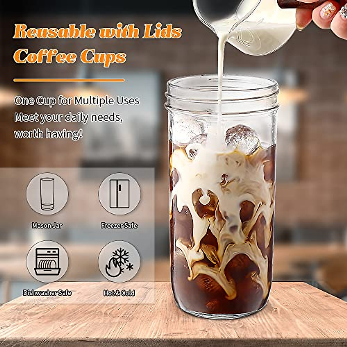 DWTS DANWEITESI Mason Jar with Lid and Straw, 24oz Glass Cups with Lid and Straws-Wide Mouth Reusable Drinking Glasses,Iced Coffee Cups Glass with Lids,Vasos De Vidrio【4 Pack】