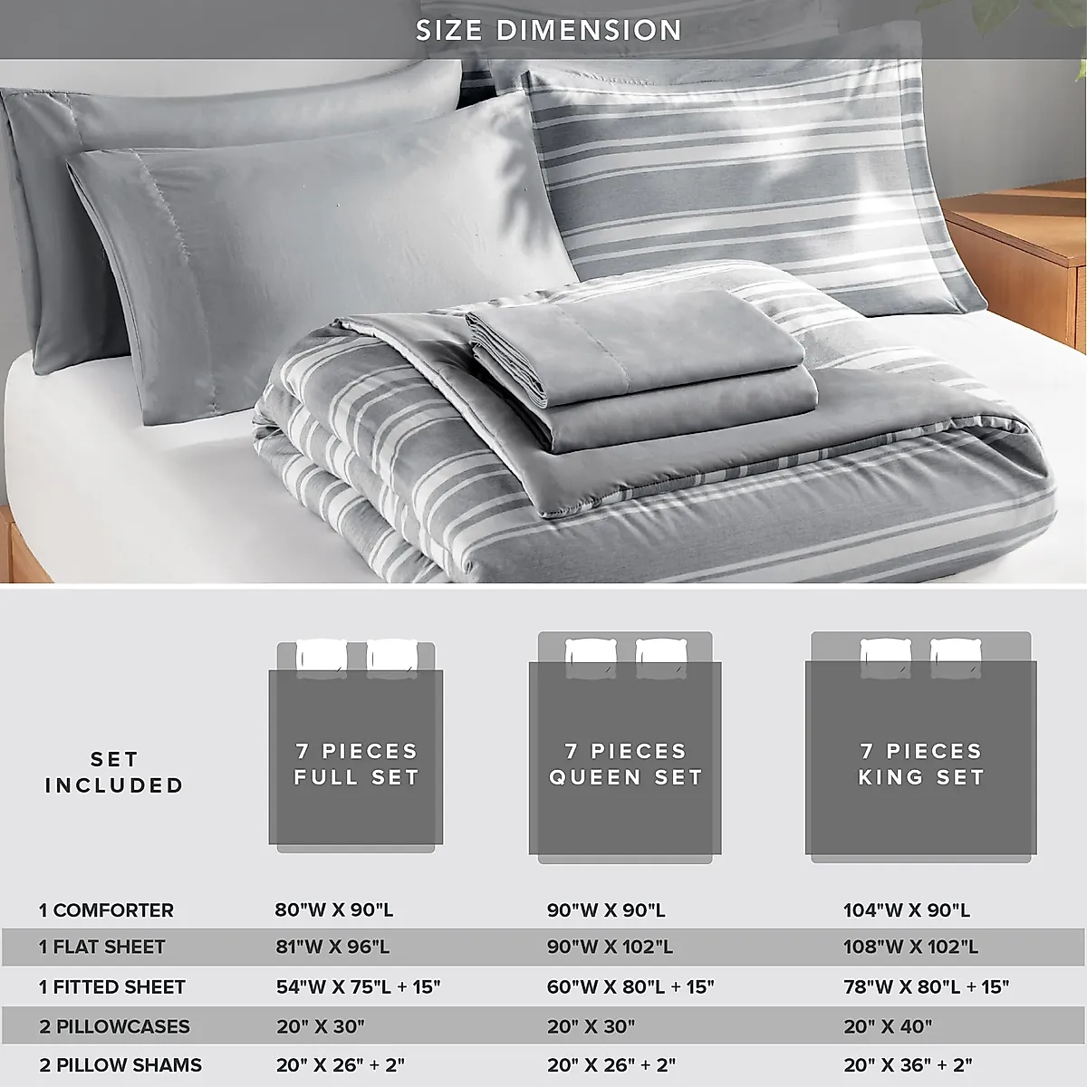 Queen Size Bed in a Bag, Full Bedding Sets, Modern Farmhouse Grey and White Striped Comforter with Sheets, 7-Piece Complete Bedroom Set